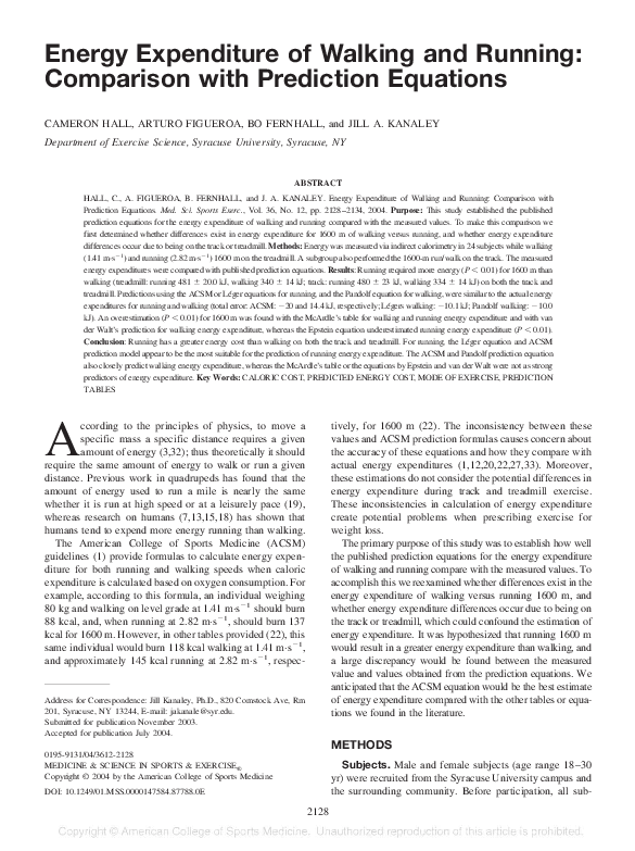 (PDF) Energy Expenditure of Walking and Running: Comparison with Prediction Equations