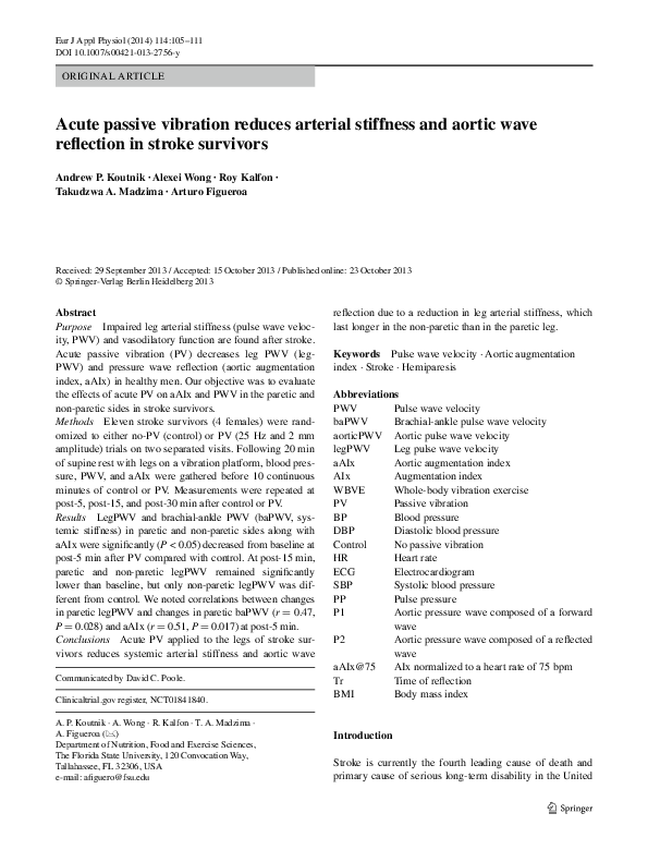 (PDF) Acute passive vibration reduces arterial stiffness and aortic wave reflection in stroke ...