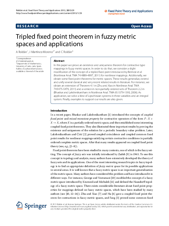 (PDF) Tripled fixed point theorem in fuzzy metric spaces and applications