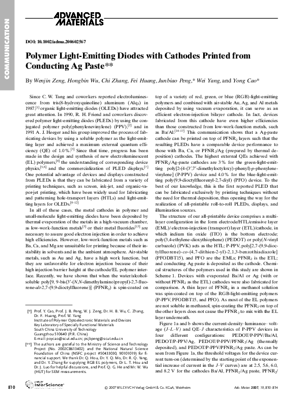 (PDF) Polymer Light-Emitting Diodes with Cathodes Printed from ...