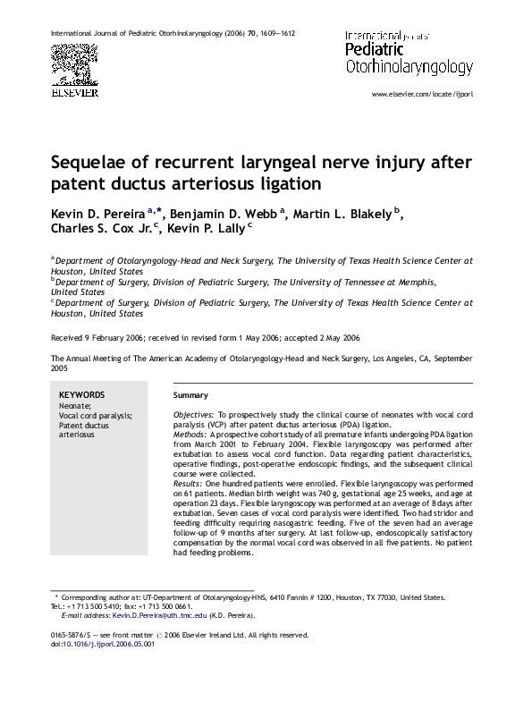 (PDF) Sequelae of recurrent laryngeal nerve injury after patent ductus ...