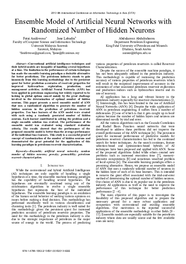 (PDF) Ensemble model of Artificial Neural Networks with randomized number of hidden neurons | J ...