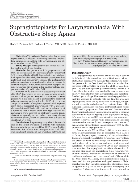 (PDF) Supraglottoplasty for Laryngomalacia With Obstructive Sleep Apnea