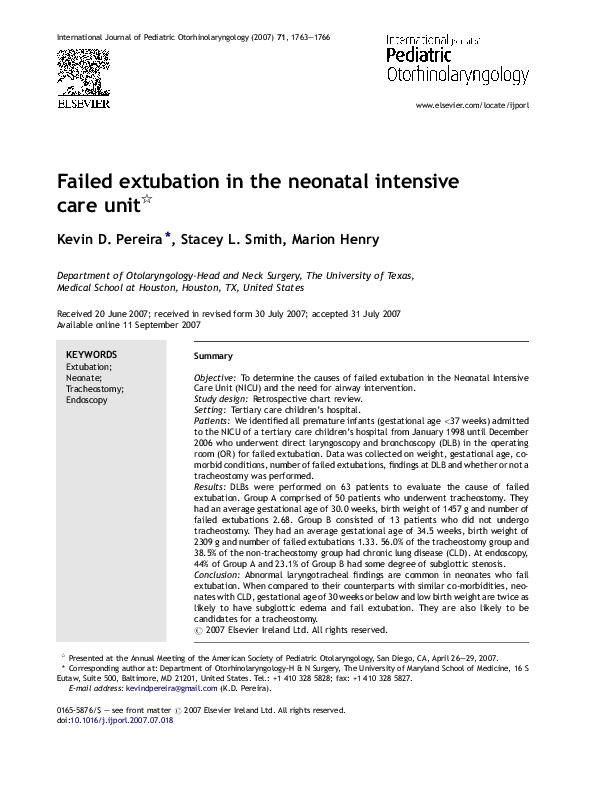 (PDF) Failed extubation in the neonatal intensive care unit