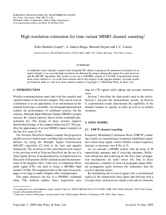 (PDF) High-resolution estimation for time-variant MIMO channel sounding