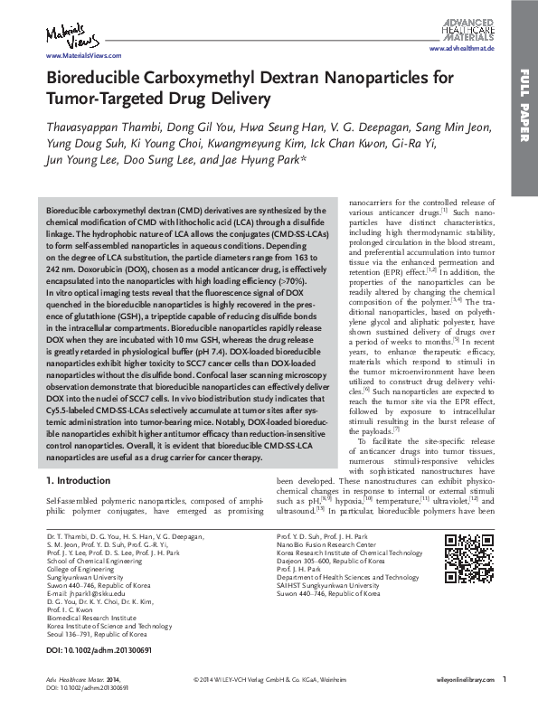 (PDF) Bioreducible carboxymethyl dextran nanoparticles for tumor ...