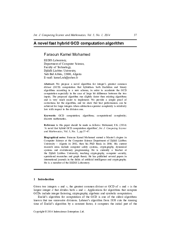 (PDF) A novel fast hybrid GCD computation algorithm