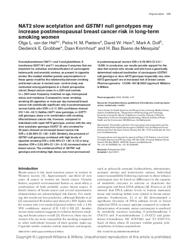 (PDF) NAT2 slow acetylation, GSTM1 null genotype, and risk of bladder ...