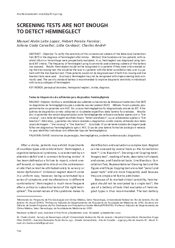 (PDF) Screening tests are not enough to detect hemineglect