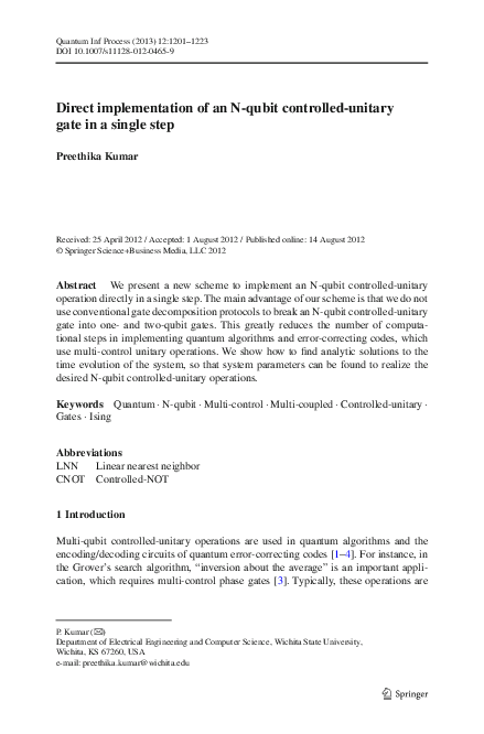 Pdf Direct Implementation Of An N Qubit Controlled Unitary Gate In A Single Step