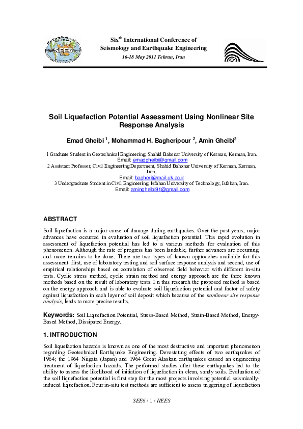 (PDF) Soil Liquefaction Potential Assessment Using Nonlinear Site Response Analysis