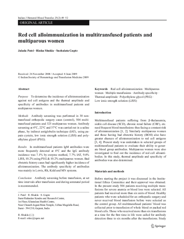(PDF) Red cell alloimmunization in multitransfused patients and ...