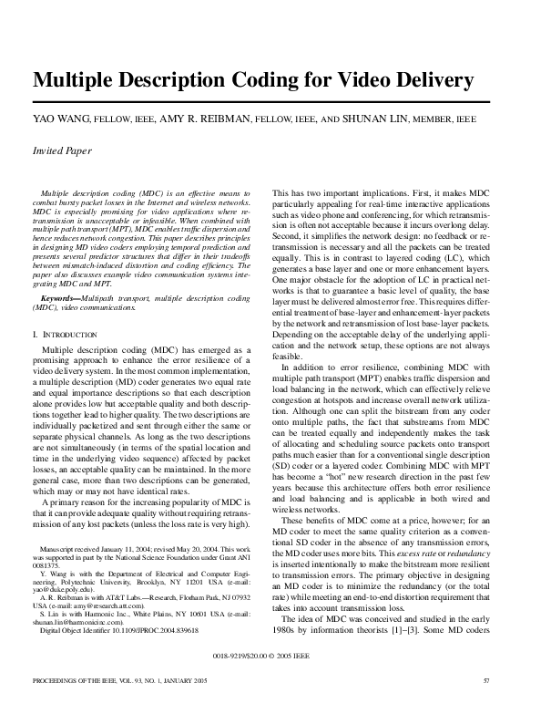(PDF) Multiple Description Coding for Video Delivery