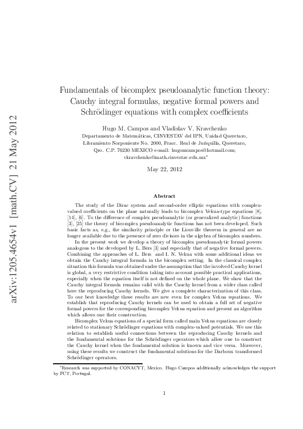 (PDF) Fundamentals of Bicomplex Pseudoanalytic Function Theory: Cauchy Integral Formulas ...