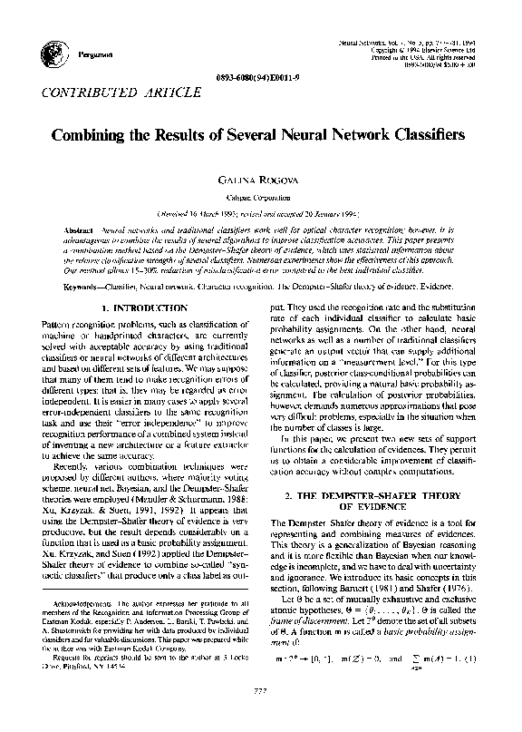 Pdf Combining The Results Of Several Neural Network Classifiers