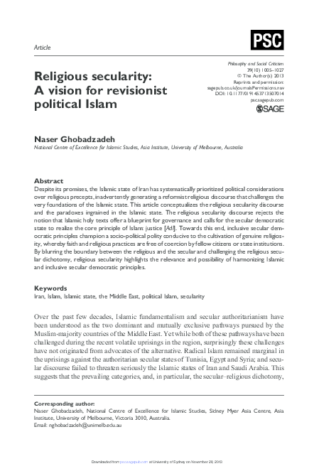 (PDF) Religious secularity: A vision for revisionist political Islam