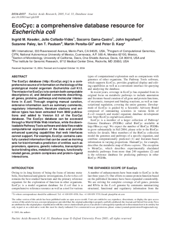 (PDF) EcoCyc: a comprehensive database resource for Escherichia coli