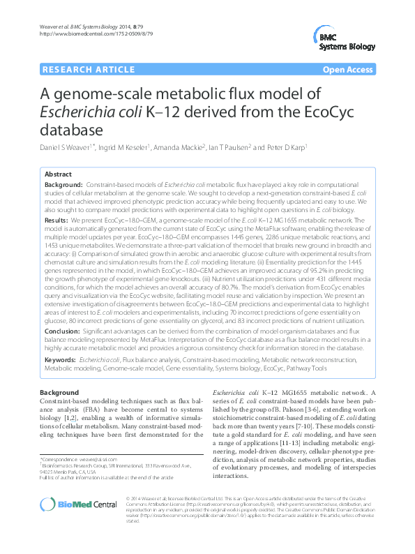 (PDF) A genome-scale metabolic flux model of Escherichia coli K–12 ...