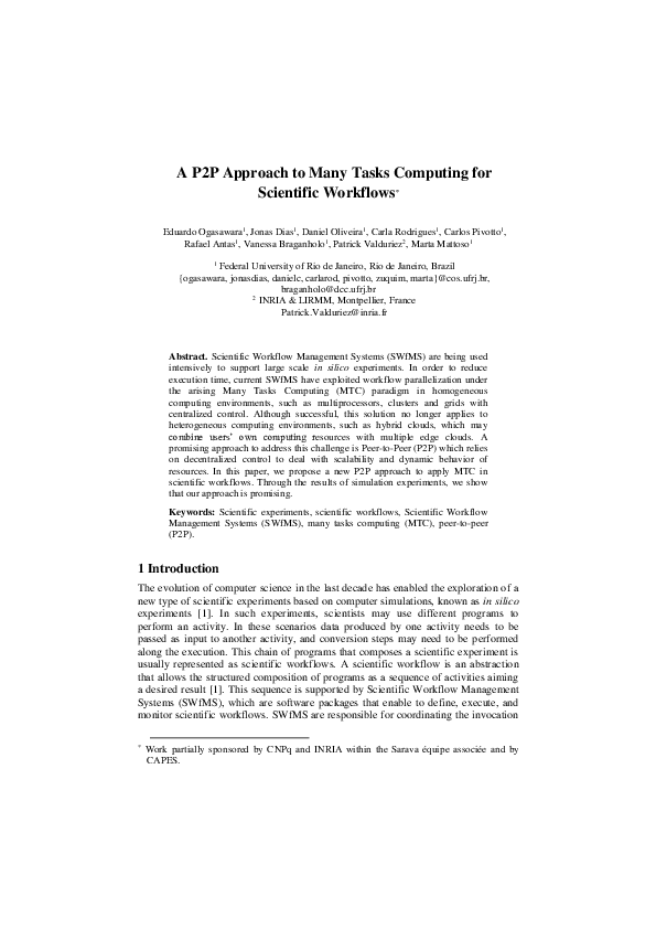 (PDF) A P2P Approach to Many Tasks Computing for Scientific Workflows