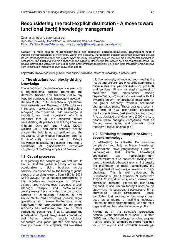 (PDF) Reconsidering the tacit-explicit distinction-A move toward functional (tacit) knowledge ...