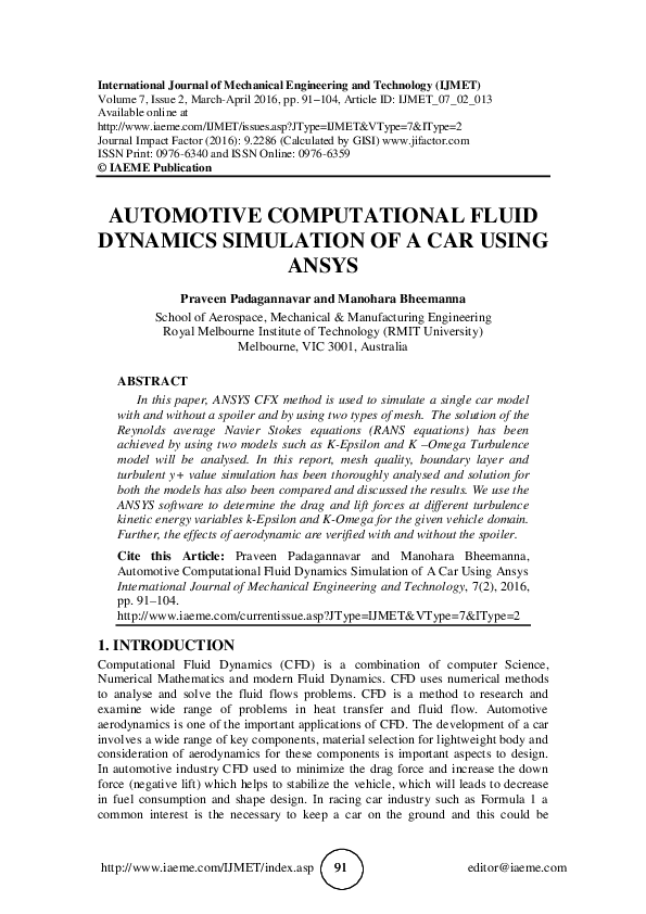 Pdf Automotive Computational Fluid Dynamics Simulation Of A Car Using Ansys