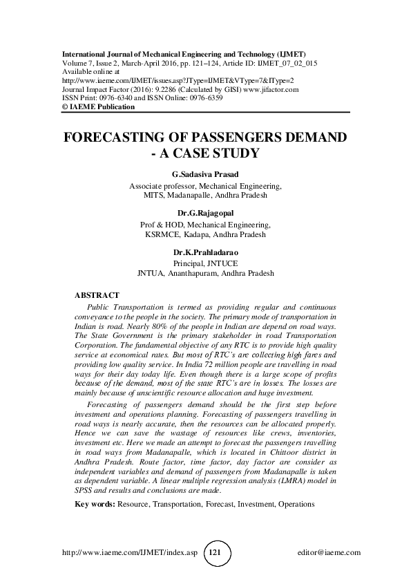 (PDF) FORECASTING OF PASSENGERS DEMAND -A CASE STUDY