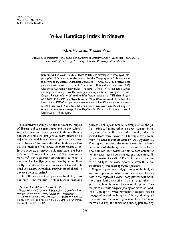 (PDF) Voice Handicap Index in singers