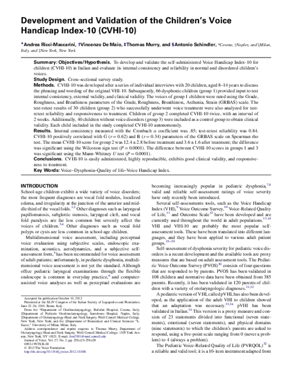 (PDF) Development and Validation of the Children's Voice Handicap Index ...