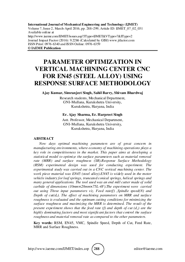 (PDF) PARAMETER OPTIMIZATION IN VERTICAL MACHINING CENTER CNC FOR EN45 (STEEL ALLOY) USING ...
