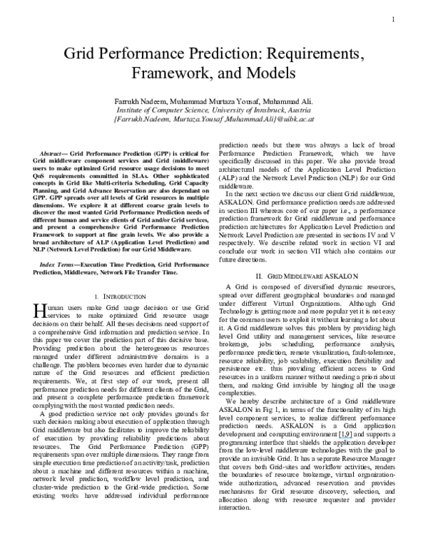 Grid Performance Prediction Requirements Framework And Models