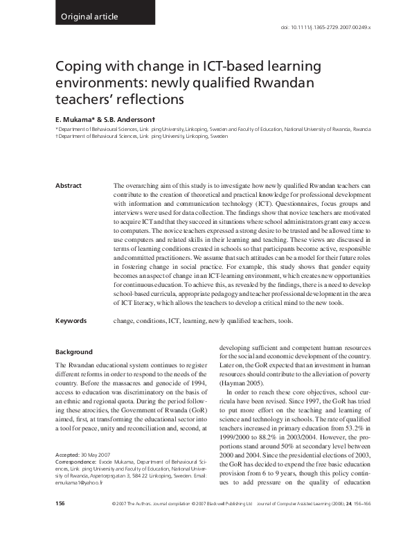 (PDF) Coping with Change in ICT-Based Learning Environments : Newly Qualified Rwandan Teachers ...