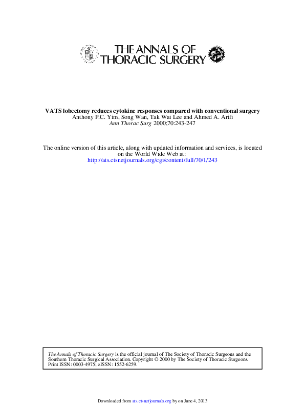 (PDF) VATS lobectomy reduces cytokine responses compared with ...