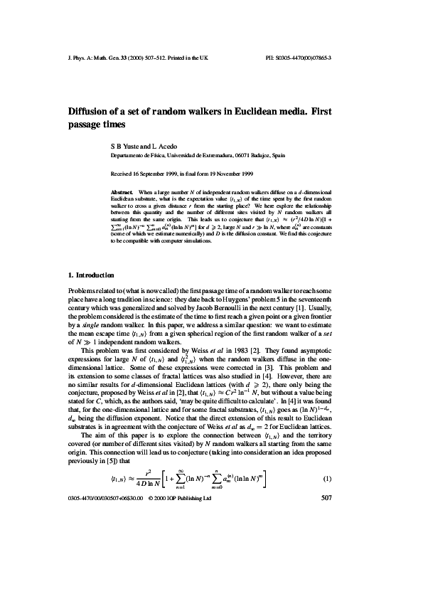 Pdf Diffusion Of A Set Of Random Walkers In Euclidean Media First