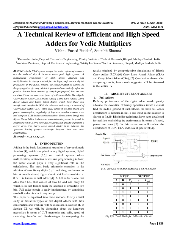Pdf A Technical Review Of Efficient And High Speed Adders For Vedic
