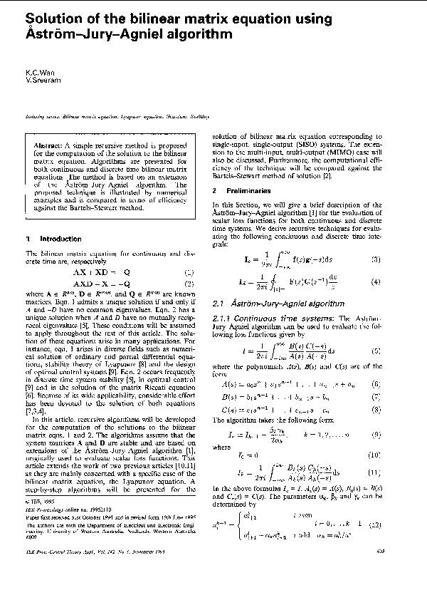 (PDF) Solution of the bilinear matrix equation using Astrom-Jury-Agniel algorithm
