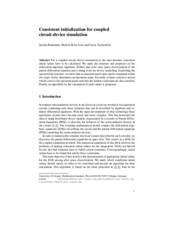 Pdf Consistent Initialization For Coupled Circuit Device Simulation