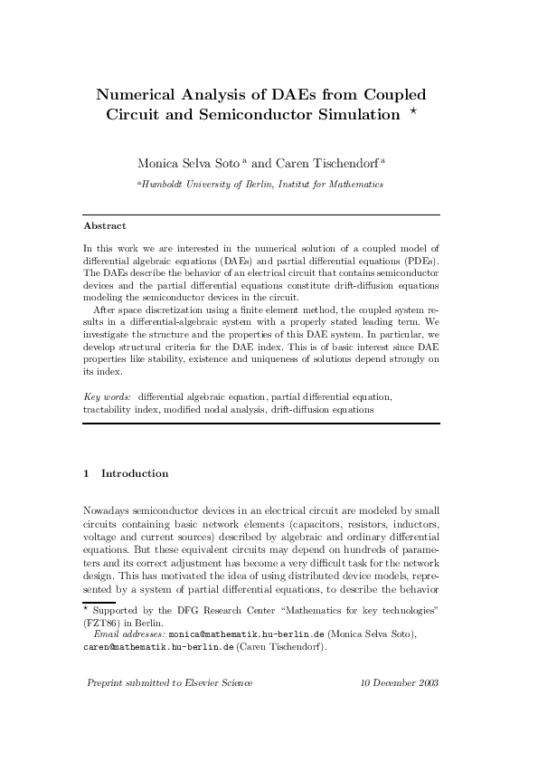 (PDF) Numerical analysis of DAEs from coupled circuit and semiconductor simulation