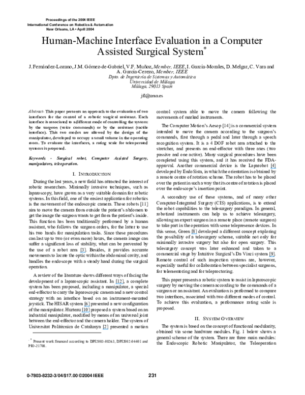 (PDF) Human-machine Interface Evaluation in a Computer Assisted Surgical System