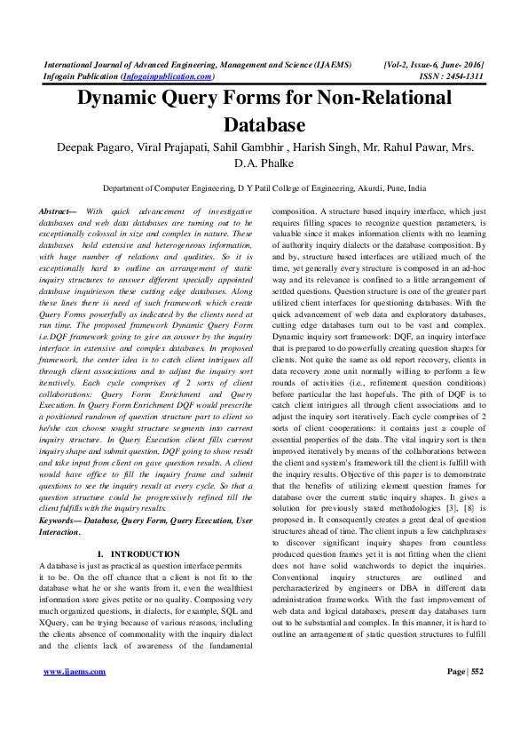 (PDF) Dynamic Query Forms for Non-Relational Database