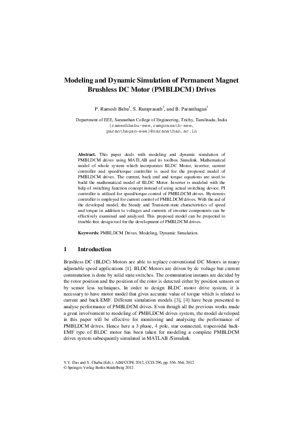 (PDF) Modeling and Dynamic Simulation of Permanent Magnet Brushless DC Motor (PMBLDCM) Drives