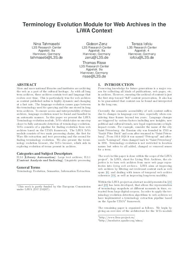 (PDF) Terminology Evolution Module for Web Archives in the LiWA Context