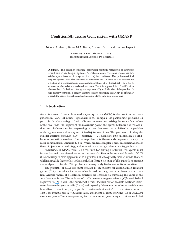 (PDF) Coalition Structure Generation with GRASP