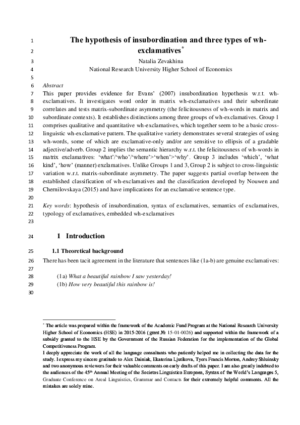 (PDF) The hypothesis of insubordination and three types of wh-exclamatives