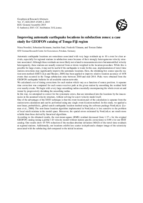 (PDF) Improving automatic earthquake locations in subduction zones: a case study for GEOFON ...