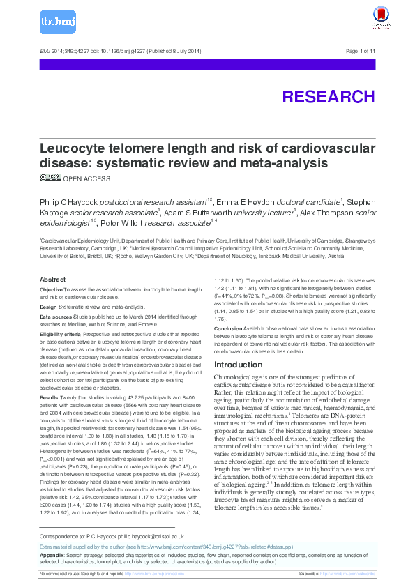 (PDF) Leucocyte telomere length and risk of cardiovascular disease: systematic review and meta ...