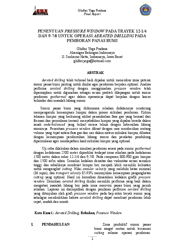 (DOC) PENENTUAN PRESSURE WINDOW PADA TRAYEK 12-1/4 DAN 9-7/8 UNTUK ...