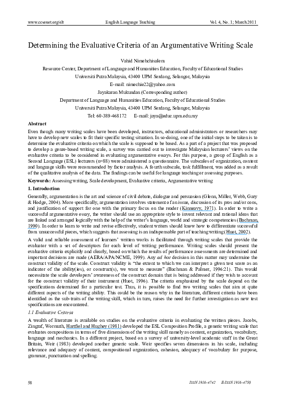 (PDF) Determining the Evaluative Criteria of an Argumentative Writing Scale