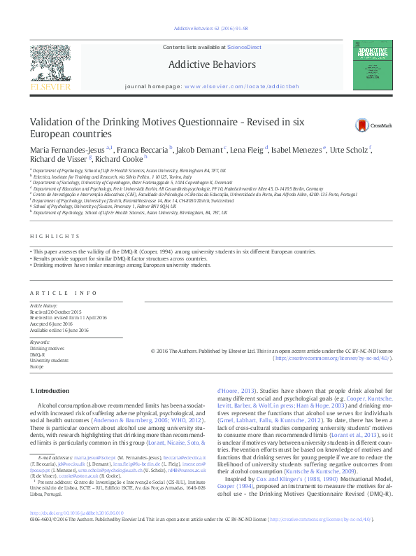 (PDF) Validation of the Drinking Motives Questionnaire -Revised in six ...