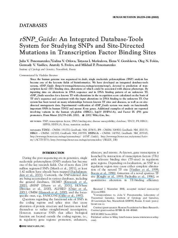 (PDF) rSNP_Guide: An integrated database-tools system for studying SNPs and site-directed ...