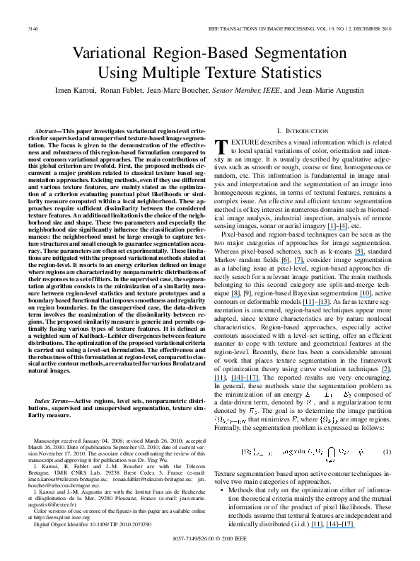 Pdf Variational Region Based Segmentation Using Multiple Texture